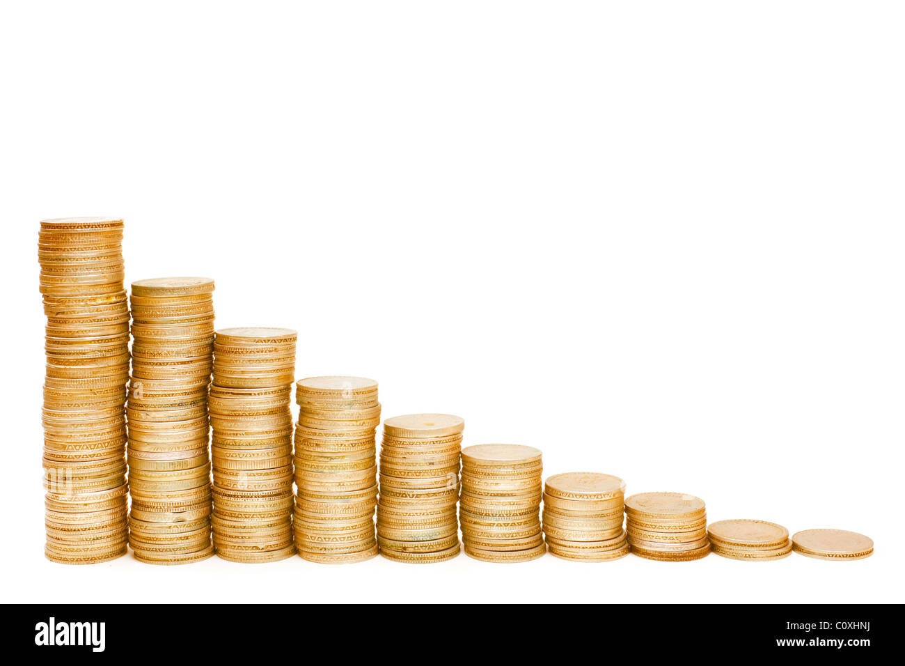 Conceptual graph. Stacks of gold coins isolated on white Stock Photo ...