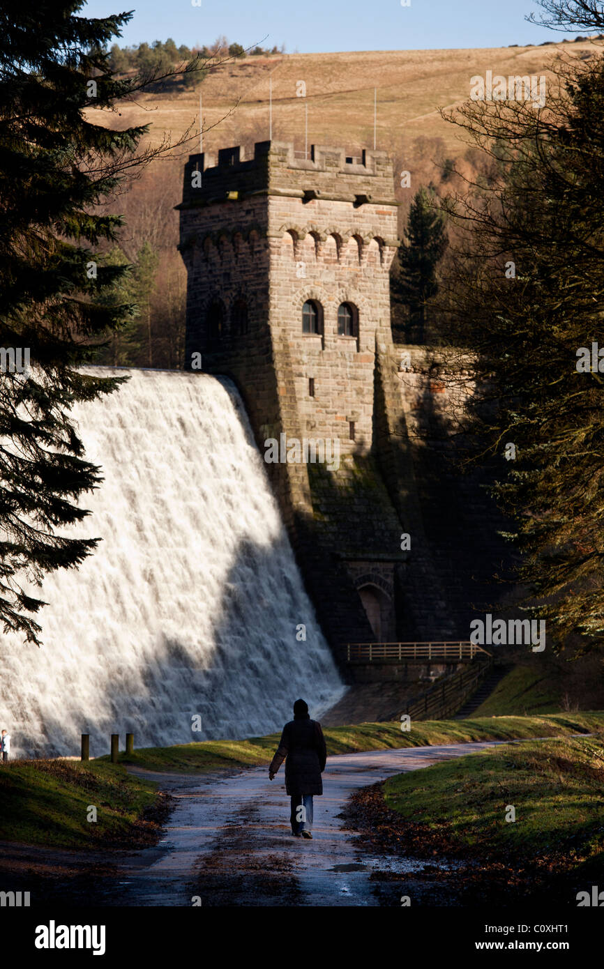 Water flowing down Howden Dam at Upper Derwent Valley Reservoir in the ...