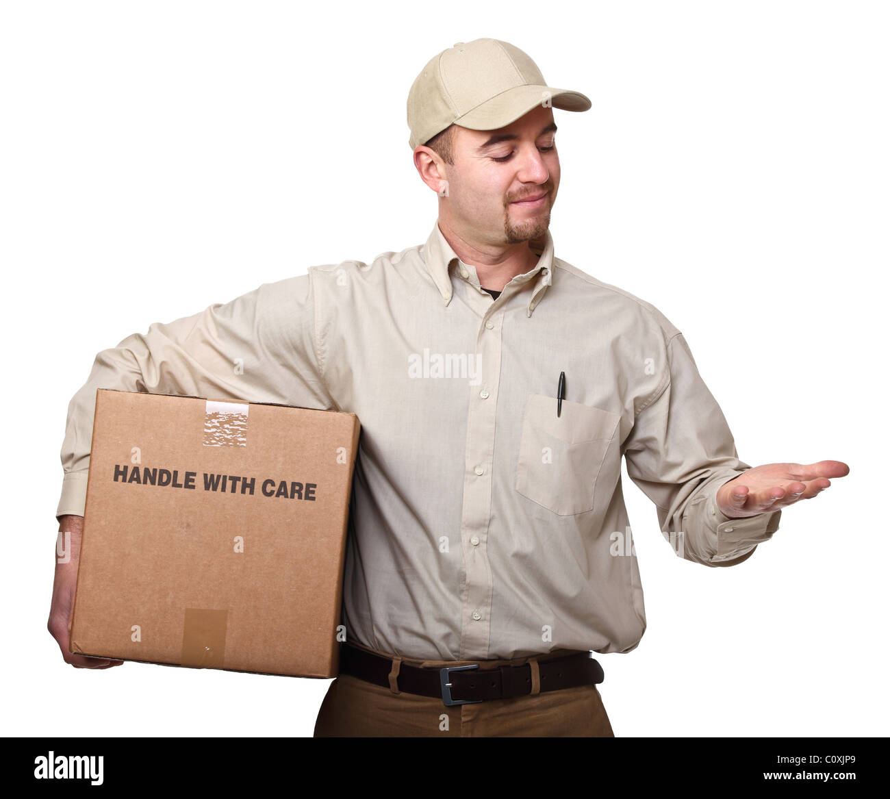confident delivery man show and look his hand Stock Photo - Alamy