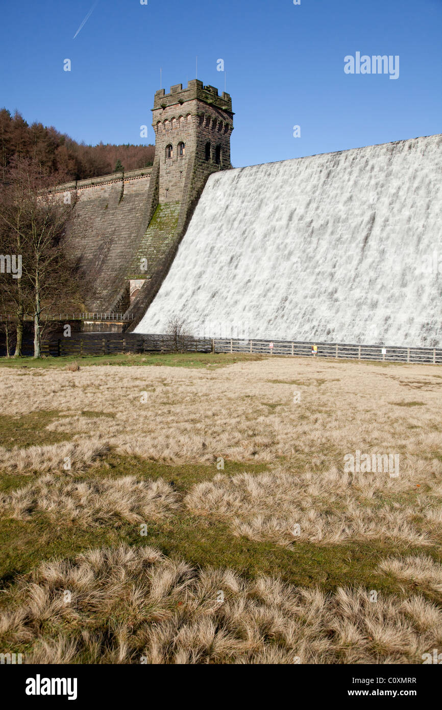 Water flowing down Howden Dam at Upper Derwent Valley Reservoir in the ...