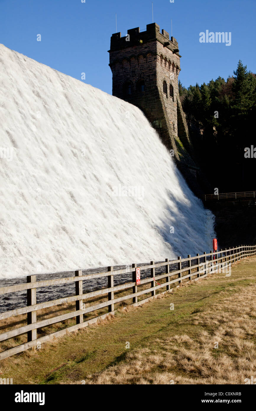 Water flowing down Howden Dam at Upper Derwent Valley Reservoir in the ...