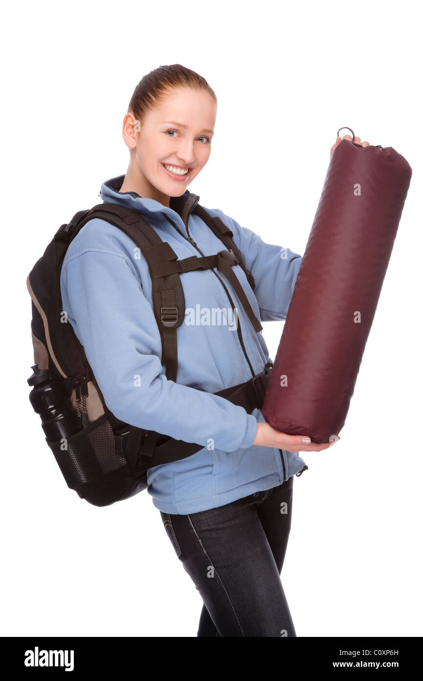 Full isolated studio picture from a young and happy backpacker Stock ...