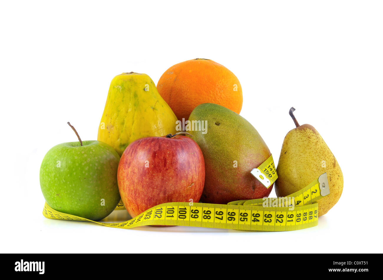 Fruits and vegetables with measuring tape isolate in white Stock Photo ...