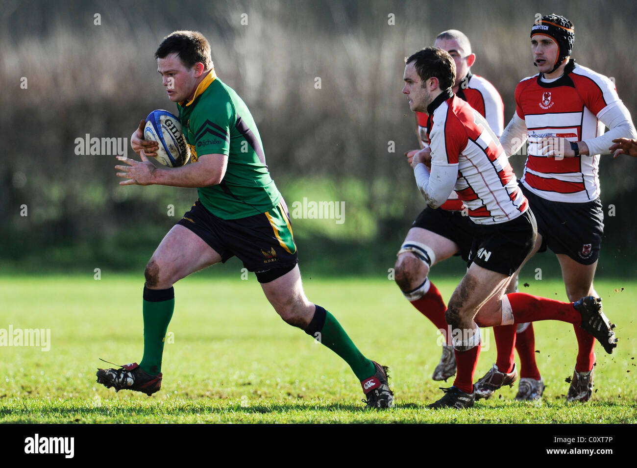 Rugby player running with ball, breaking free Stock Photo - Alamy