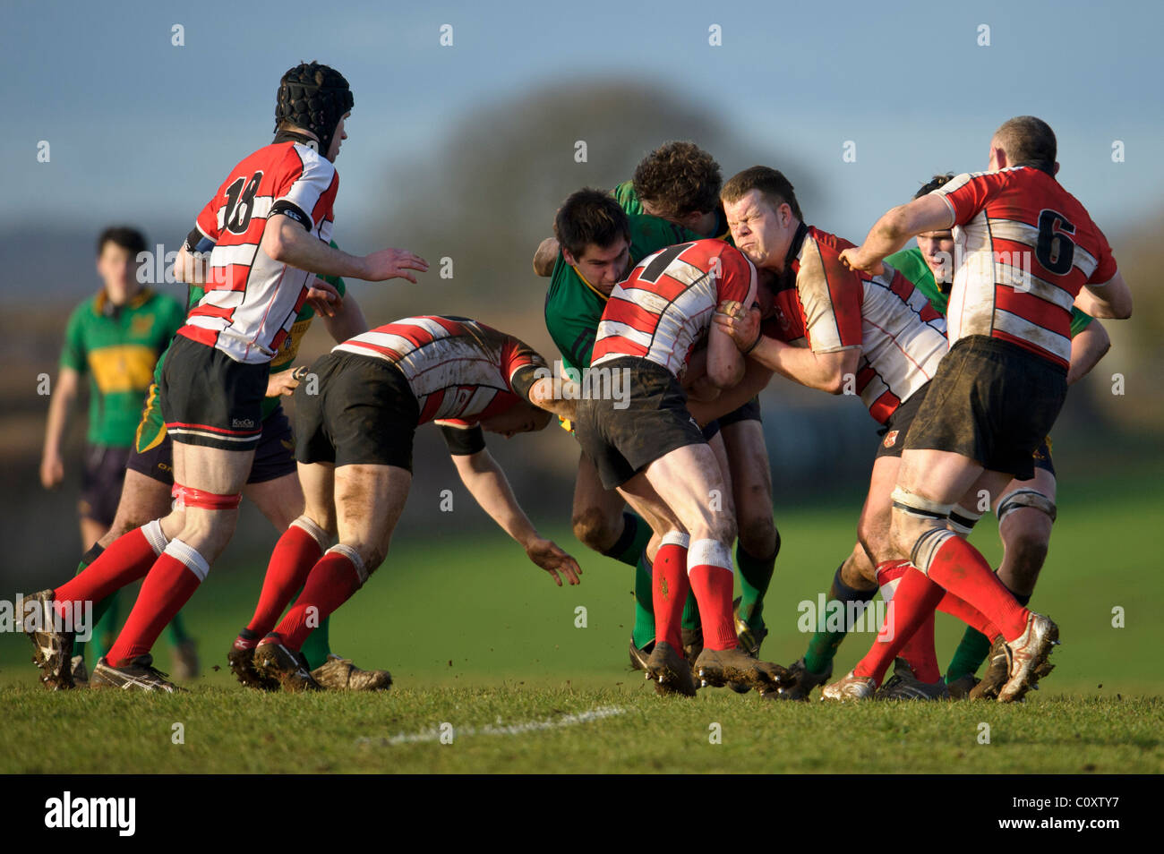 Rugby match, players tackling Stock Photo - Alamy