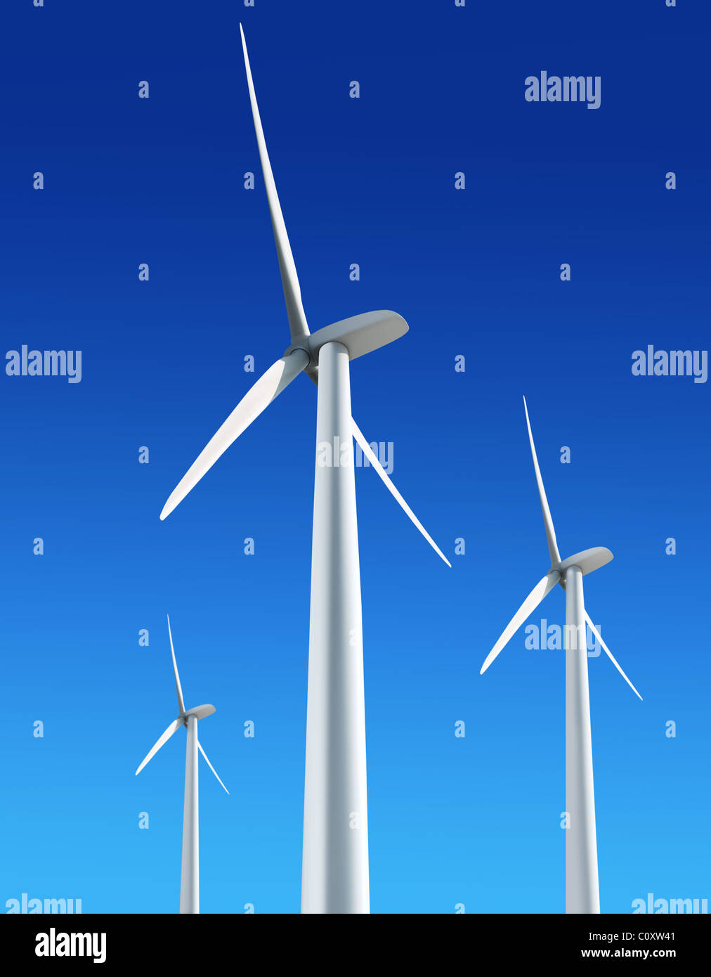 Three white wind turbine generating electricity on blue sky Stock Photo ...