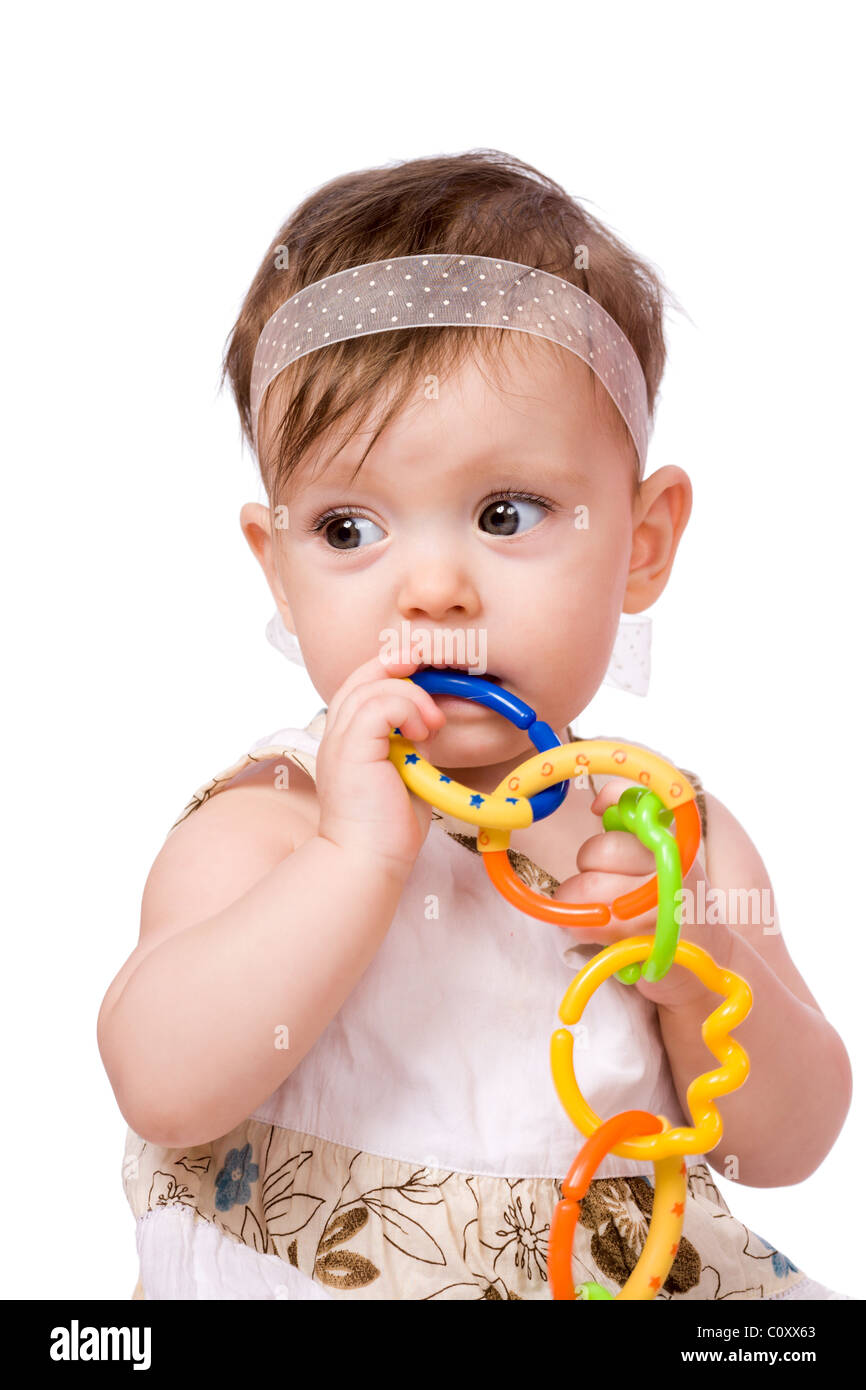 Portrait of Baby with vibrant chain toy isolated Stock Photo - Alamy