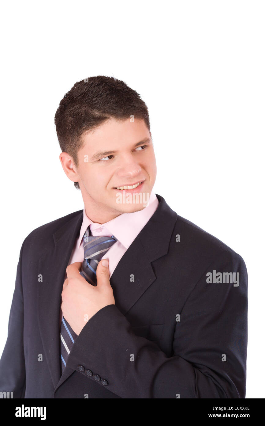 Portrait of Happy Businessman looking back isolated on white Stock ...