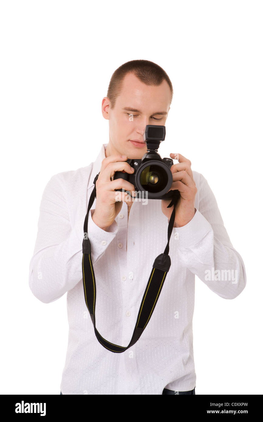 young confident Photographer choosing right shot isolated Stock Photo ...