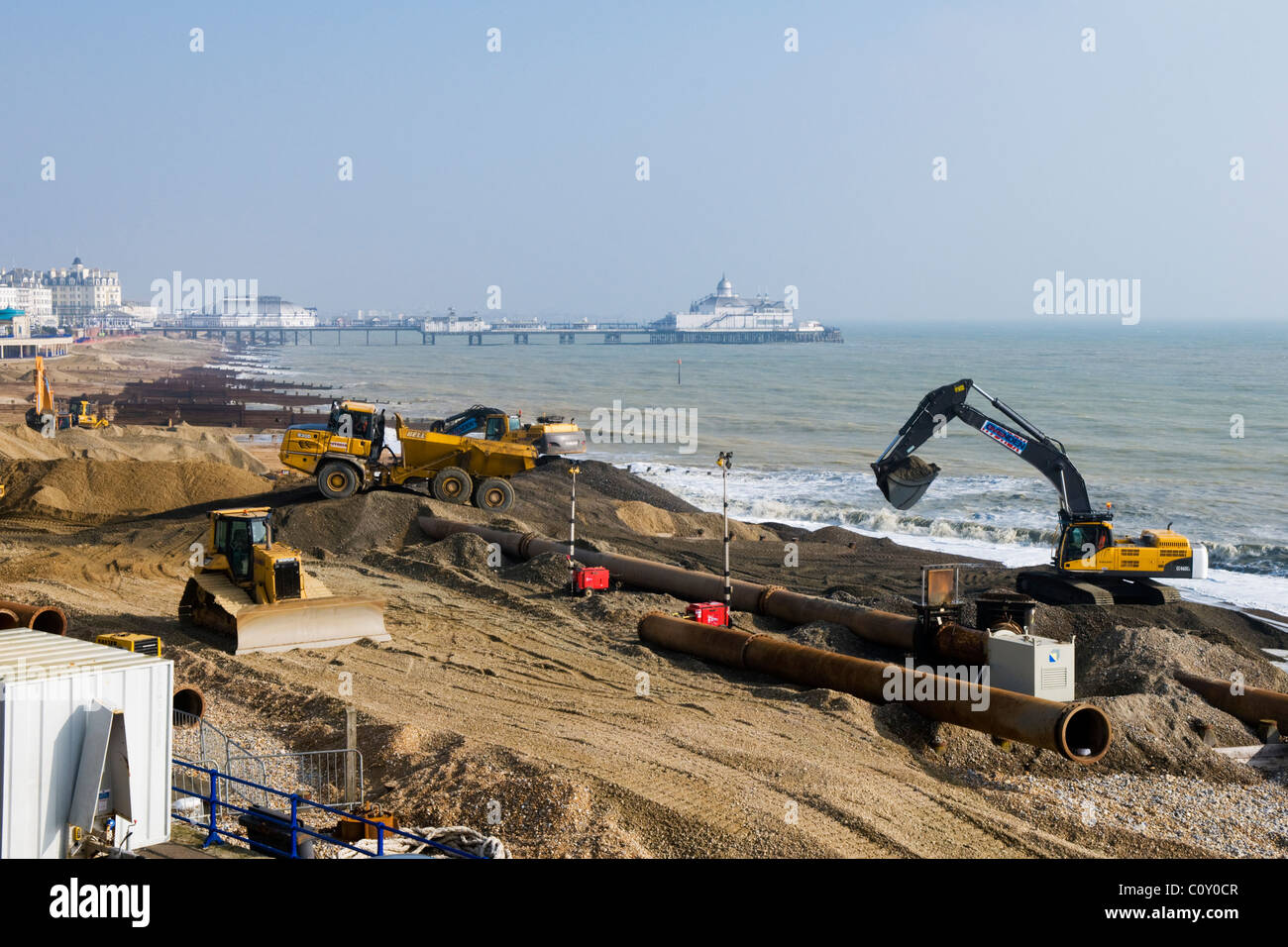 Heavy Construction Equipment Engaged in Beach Restoration Work Stock ...