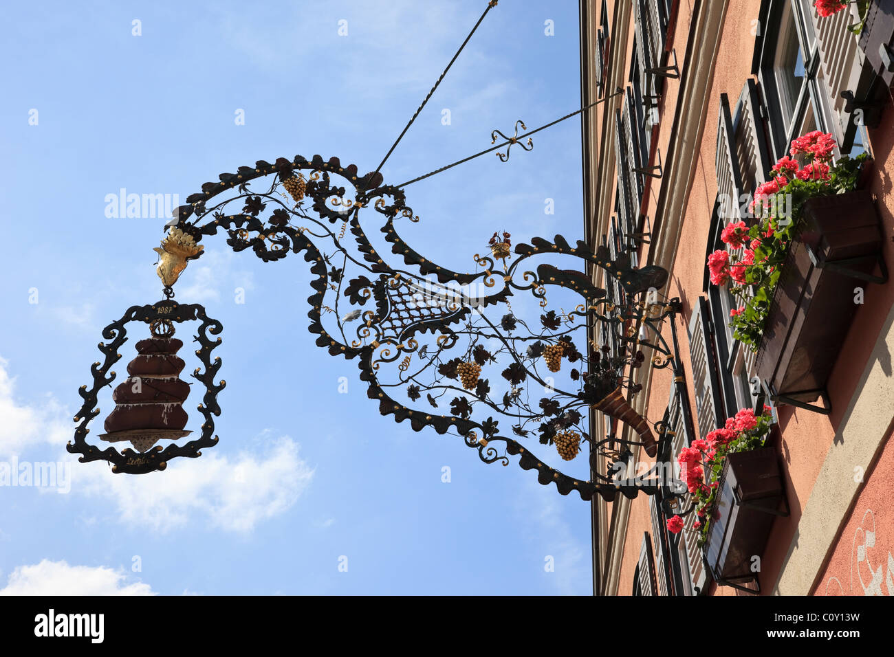 Dinkelsbühl, Bavaria, Germany, Europe. Ornate cafe sign on a medieval ...