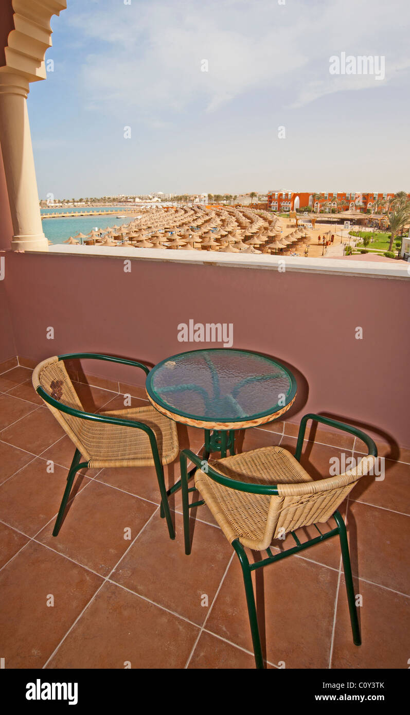 View over a large beach from hotel room balcony Stock Photo - Alamy