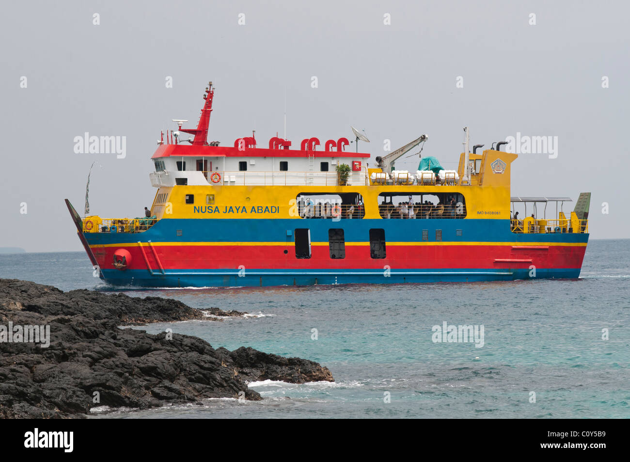 Ferry arriving in Padang Bai Bali after making the four hour crossing of the Lombok Strait Stock ...