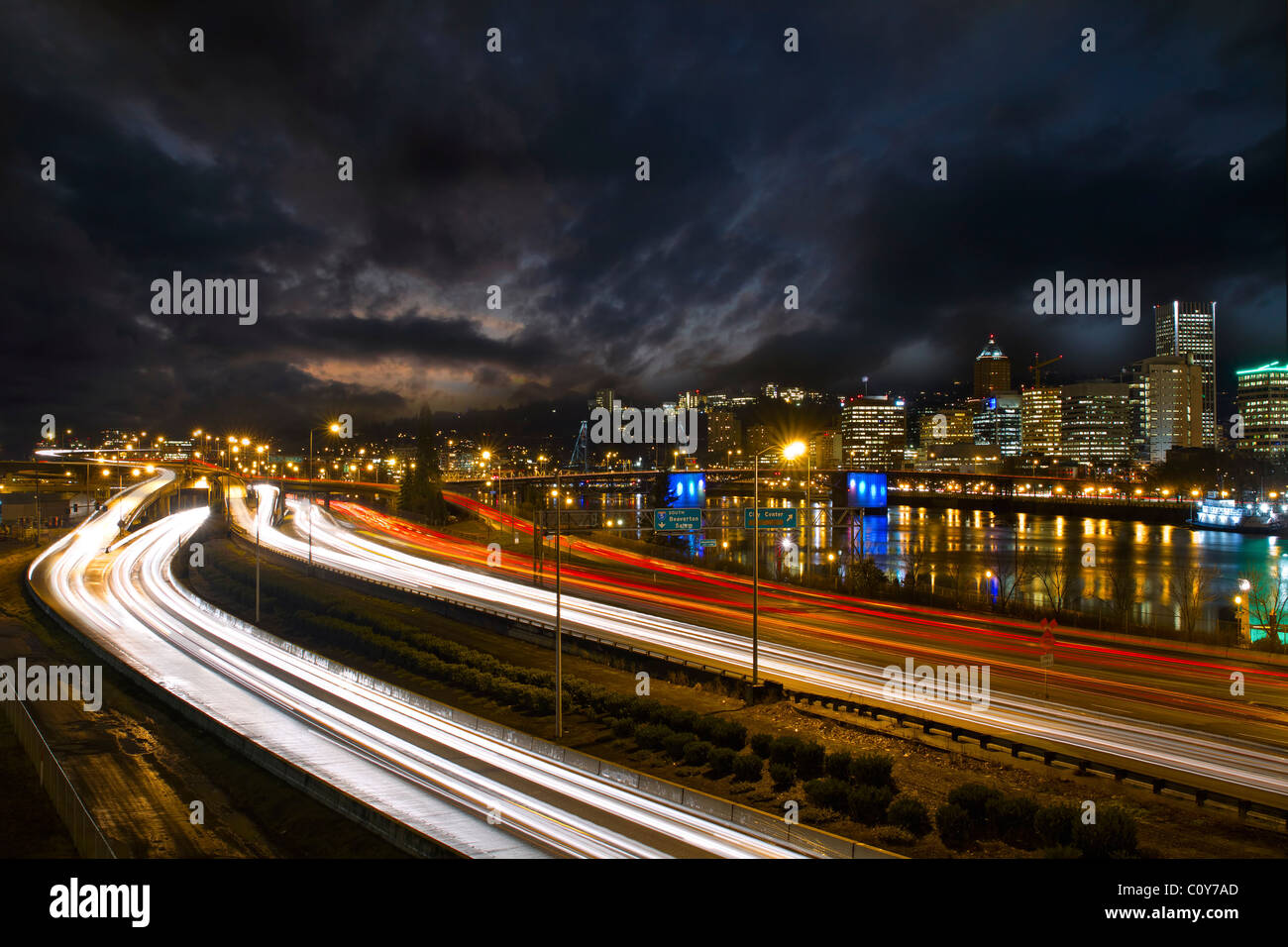 Freeway Light Trails in Downtown Portland Oregon at Night 2 Stock Photo ...