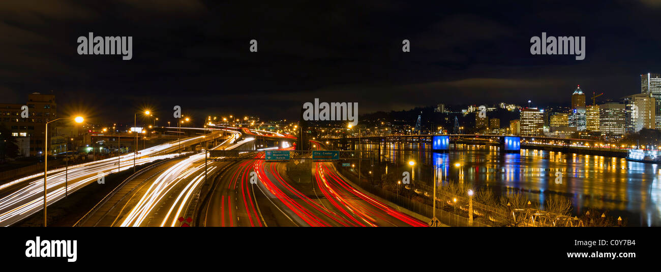 Freeway Light Trails in Downtown Portland Oregon Panorama at Night ...