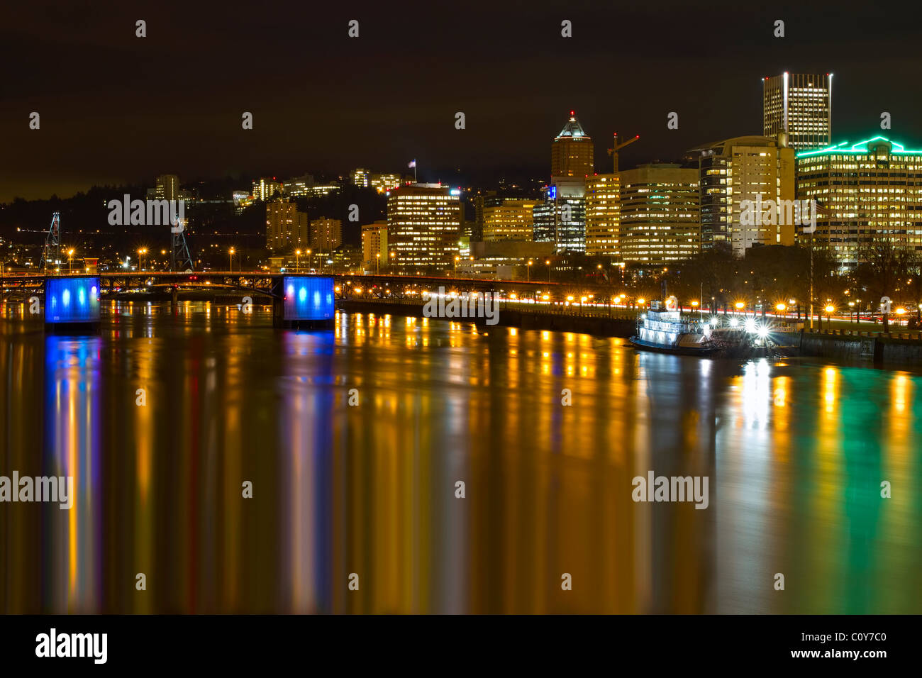 Portland Downtown City Skyline and Bridges by Waterfront at Night Stock ...