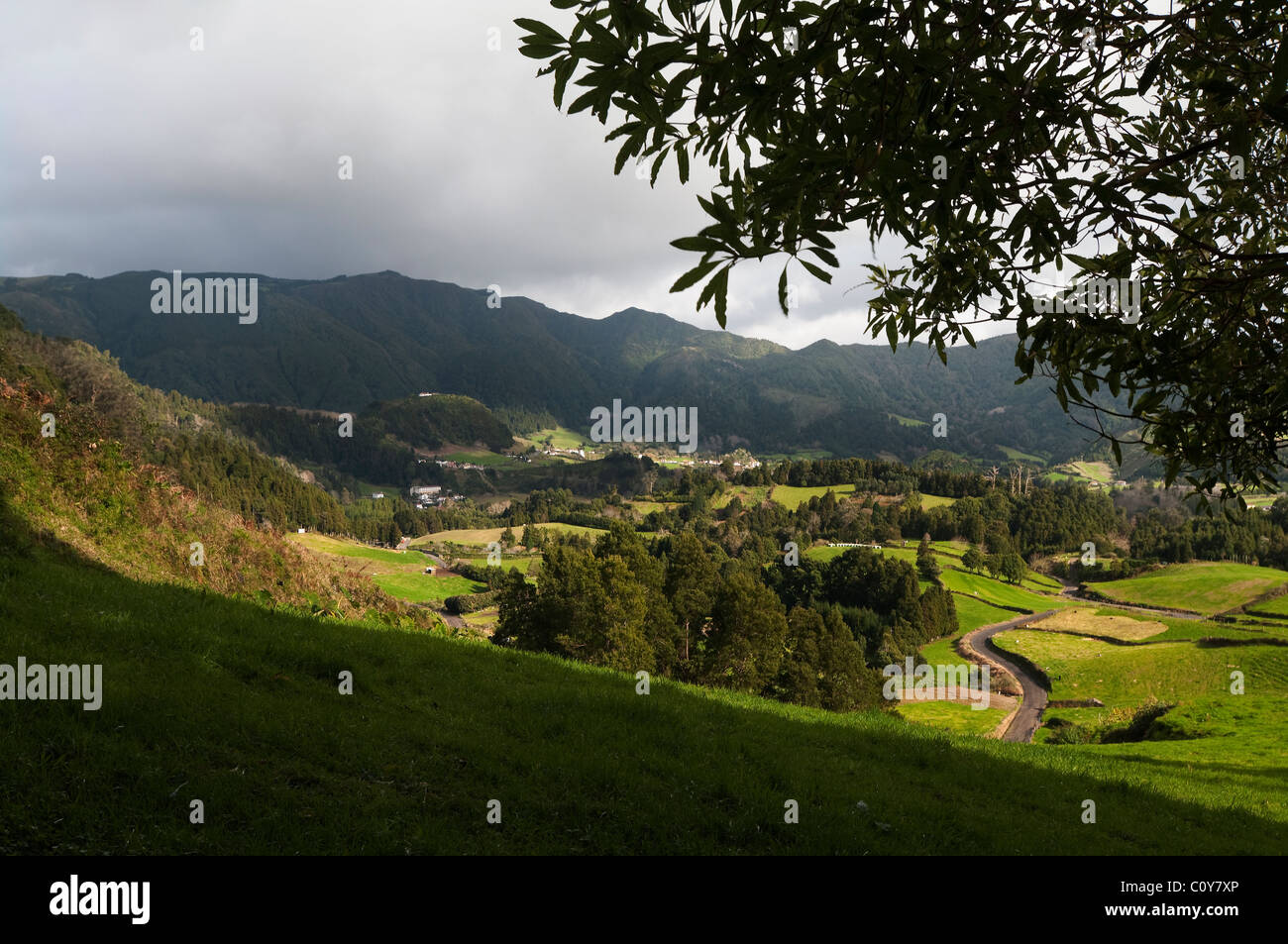 View of Furnas Valley volcanic crater while hiking in São Miguel Island ...