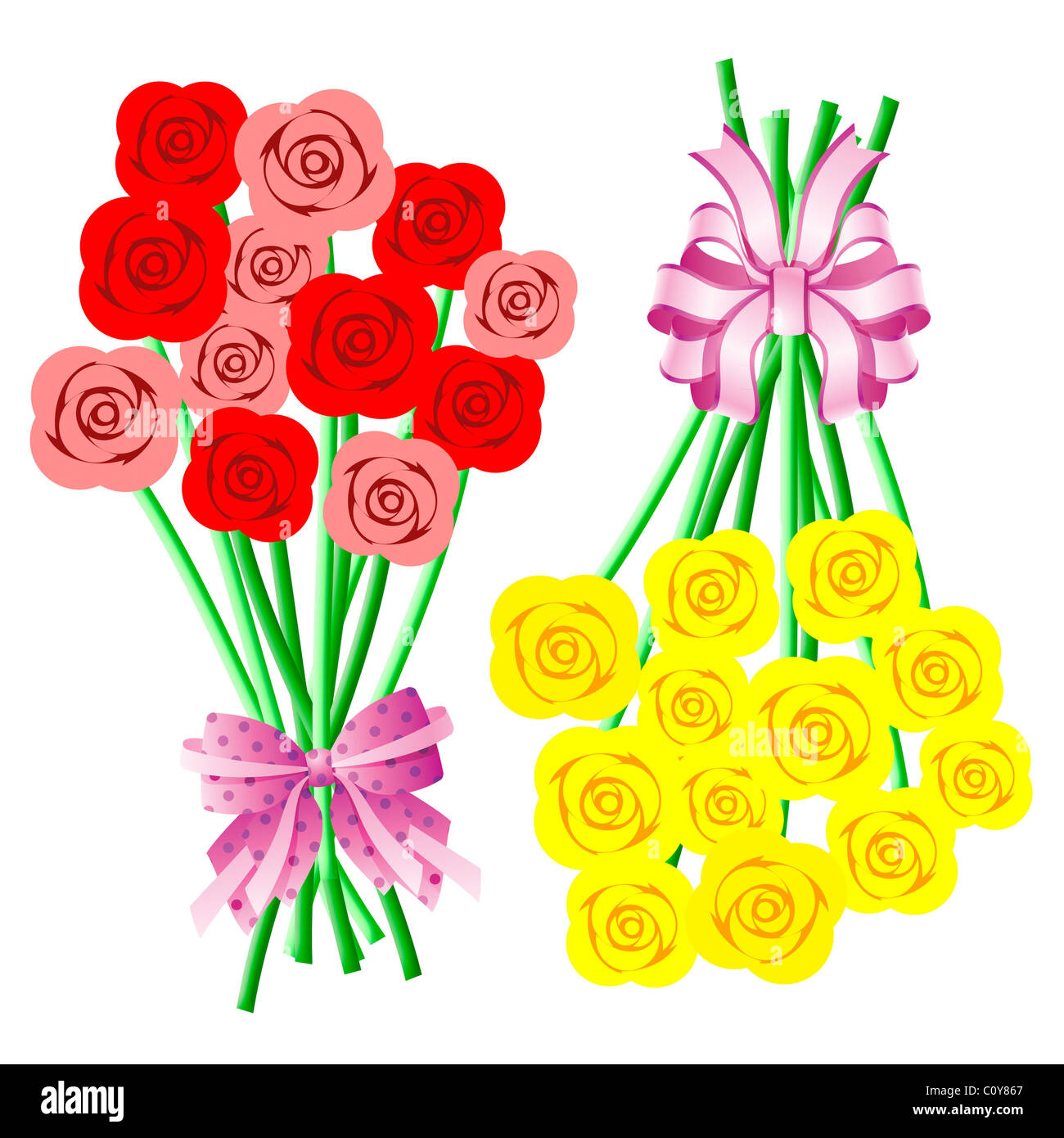 Bouquets of Red Pink Yellow Roses with Bows and Ribbons Illustration ...