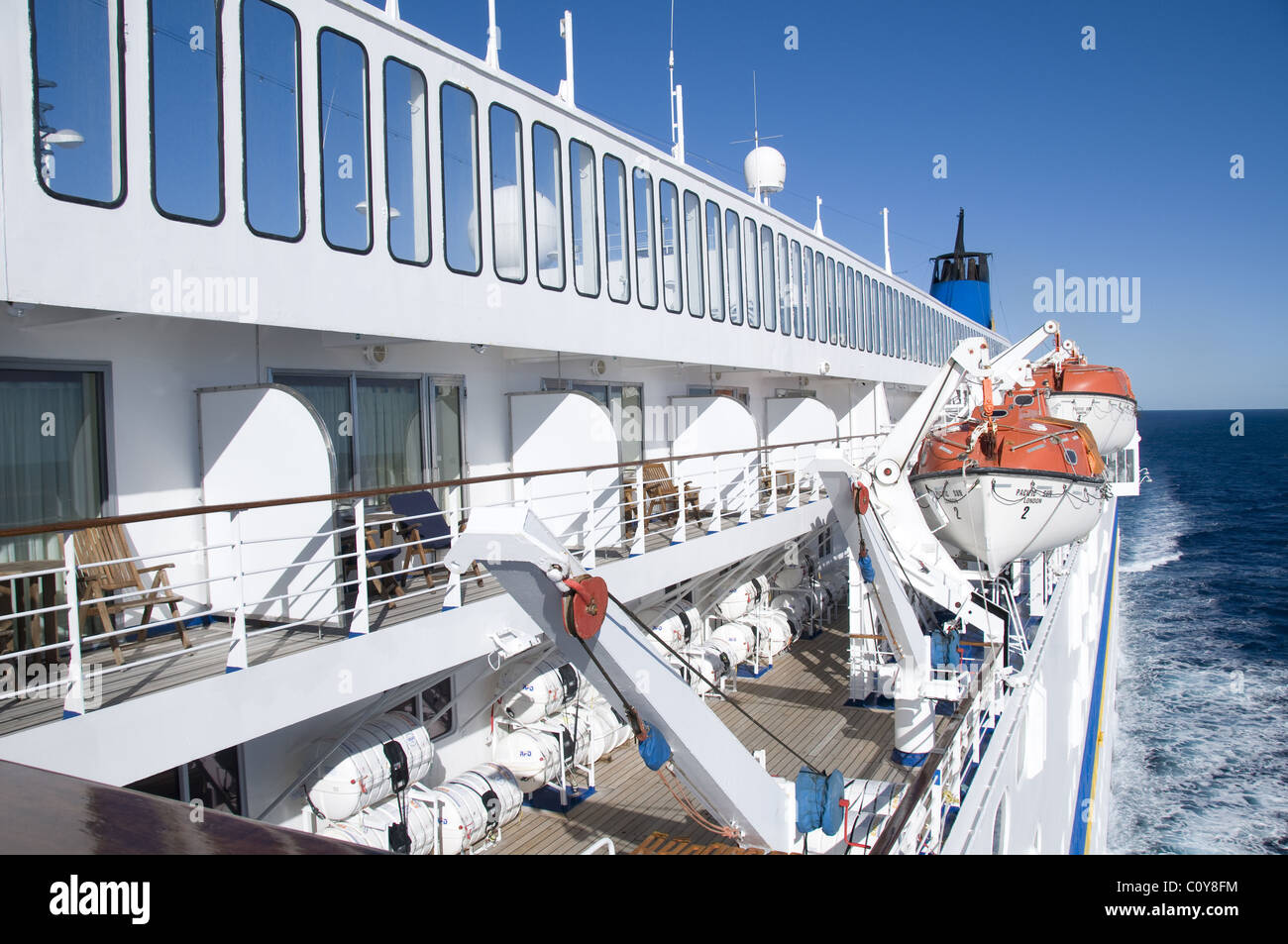 Lifeboats on the cruise ship Pacific Sun as it cruises the Whitsunday ...