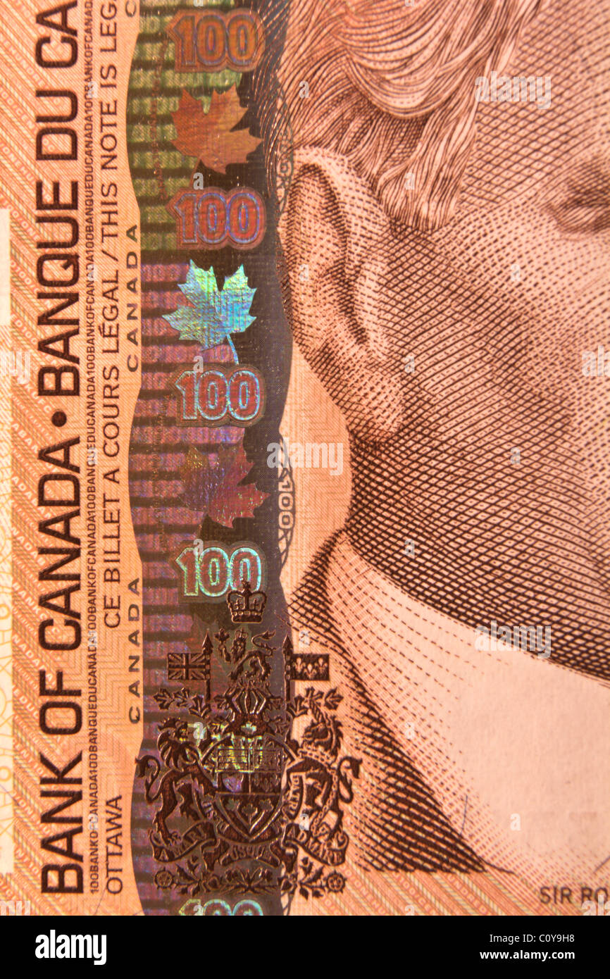 Closeup of the portrait of Sir Robert Borden on a 100 dollar Canadian ...