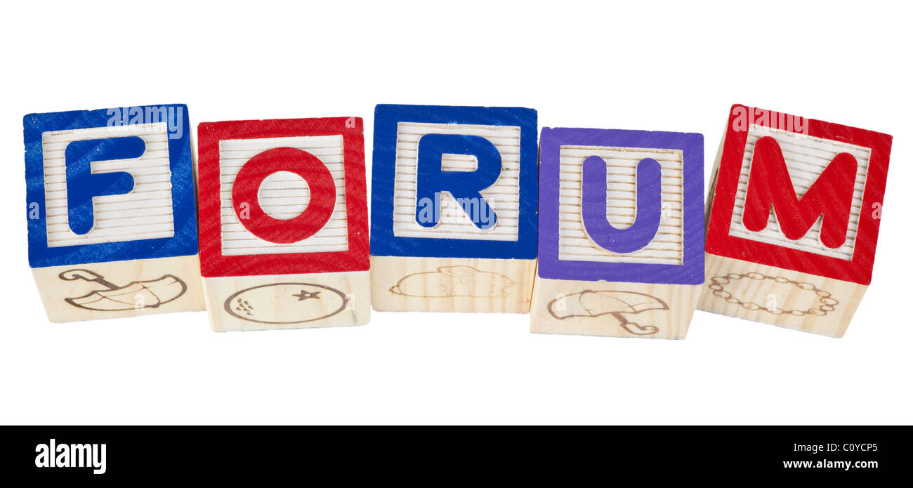 Wooden blocks forming the word forum isolated on white background Stock ...