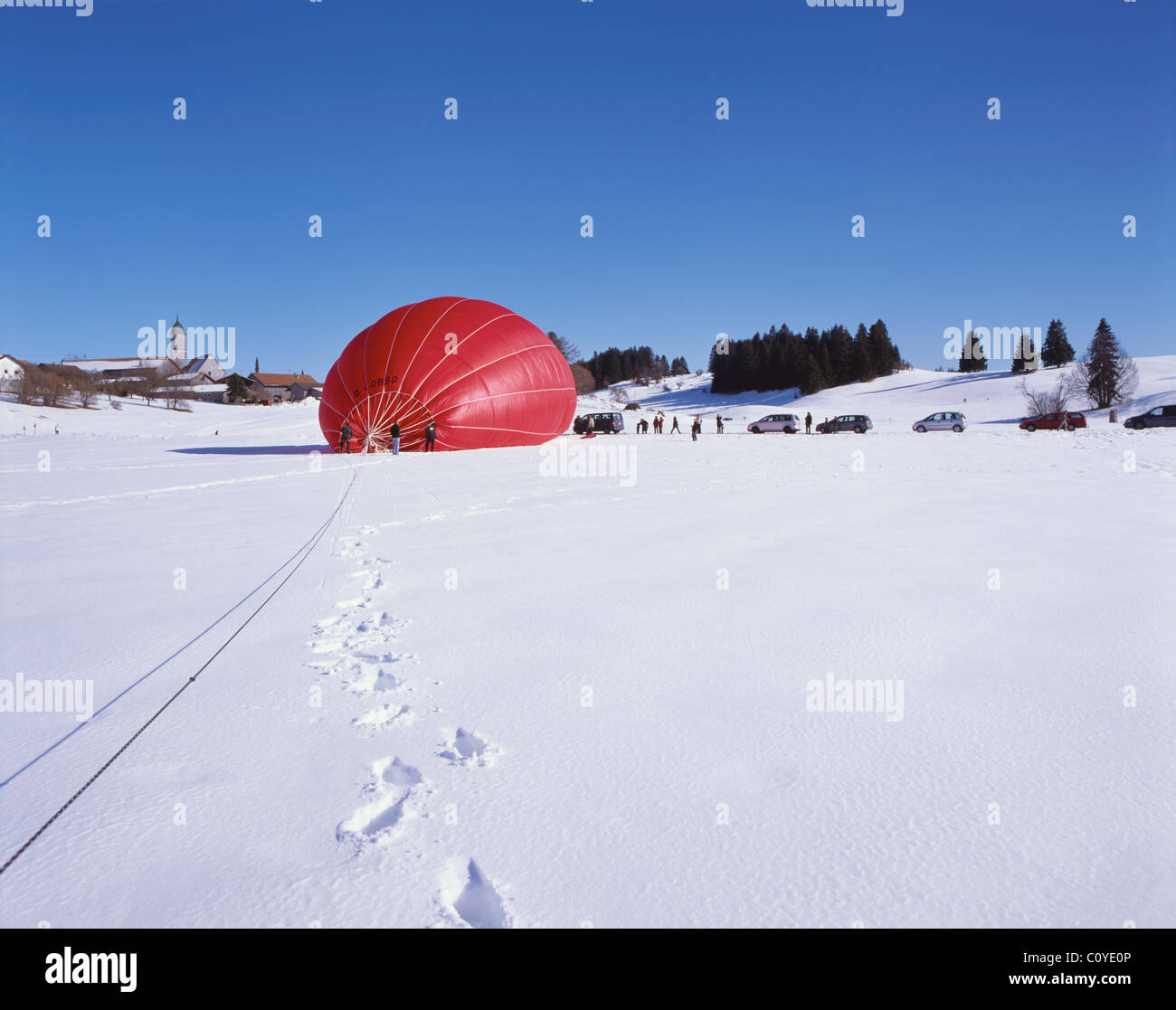 Preparing for a hot air balloon flight over the Allgäu in Upper Bavaria ...