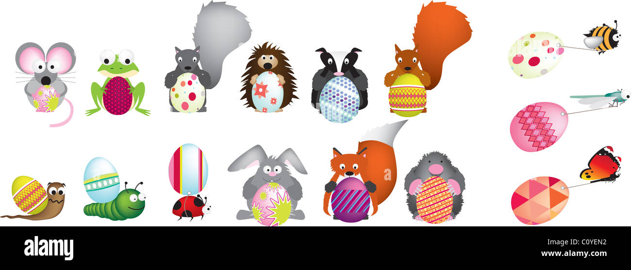 wildlife animal cartoons holding easter eggs Stock Photo - Alamy