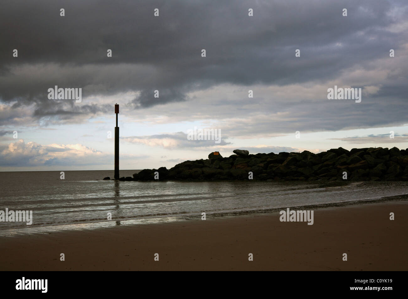 A stormy sky over artificial reefs off the Norfolk coast at Sea Palling ...