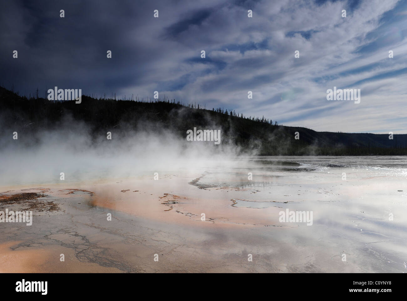 View from a walkway over one of Yellowstone's thermal pools with steam ...