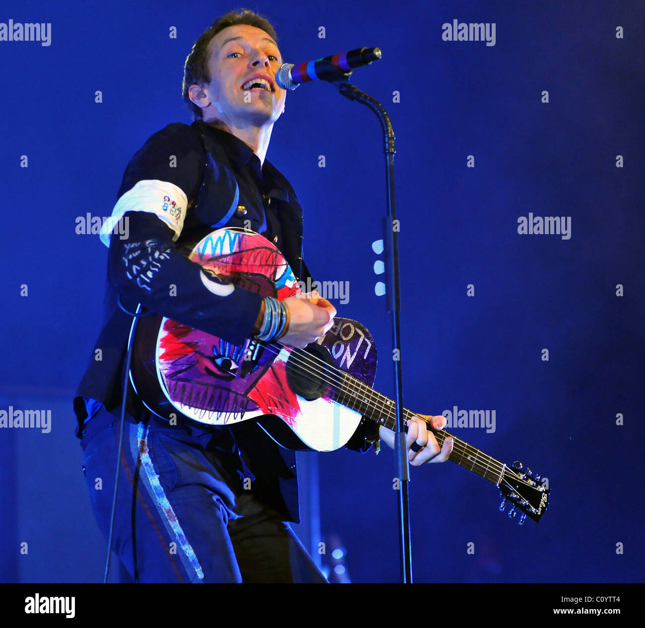 Chris Martin of Coldplay performing live at the Sheffield Arena ...