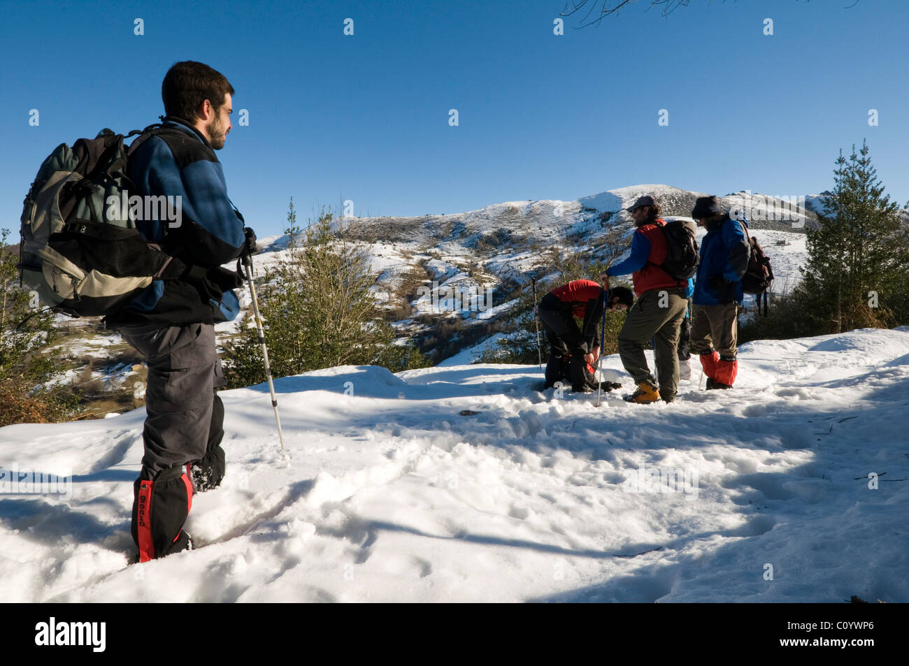 A group of friends enjoy climbing a snow covered mountain in a Natural ...