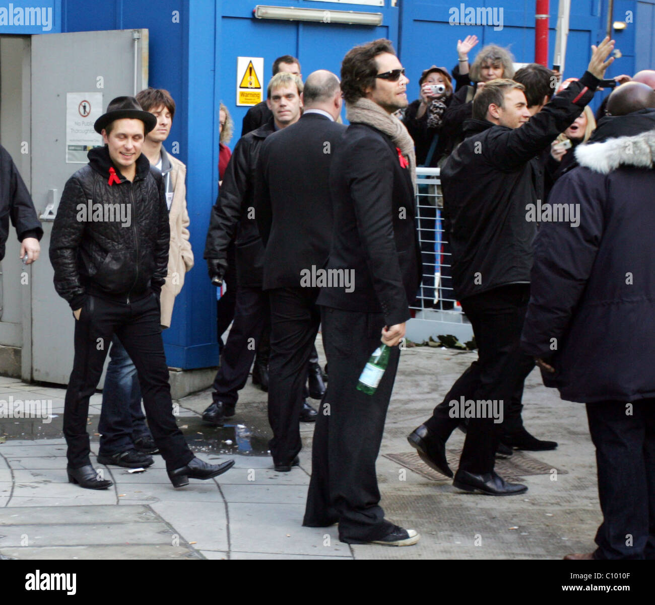 Mark Owen, Howard Donald and Gary Barlow leaving the BBC Radio 2 ...