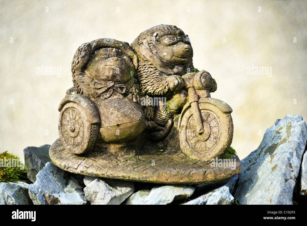 Hedgehog couple on motorcycle and sidecar, sculpture. Clapham, North ...
