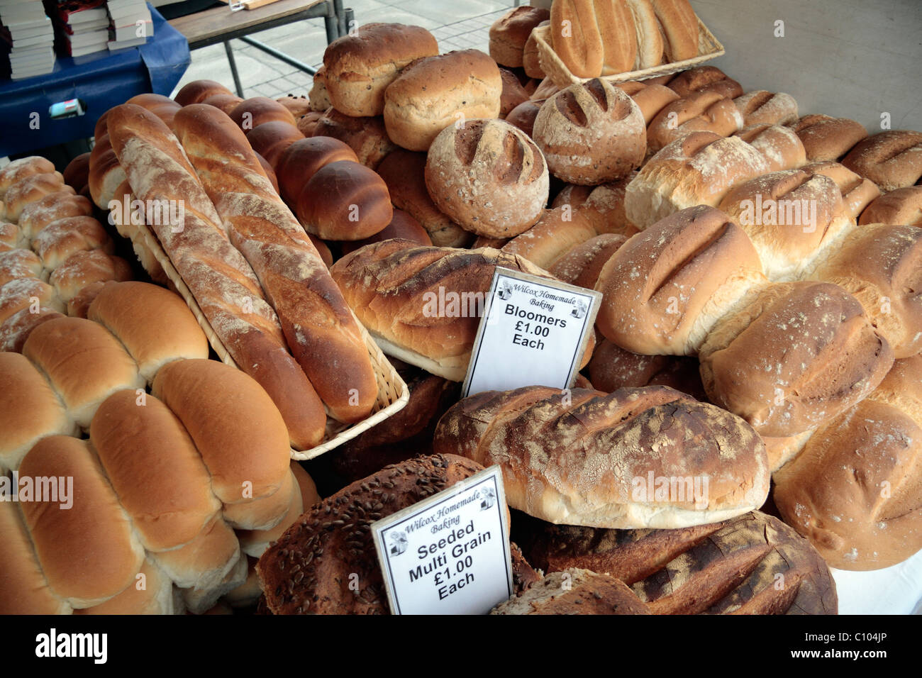 A selection of different bread products on display at the street market ...