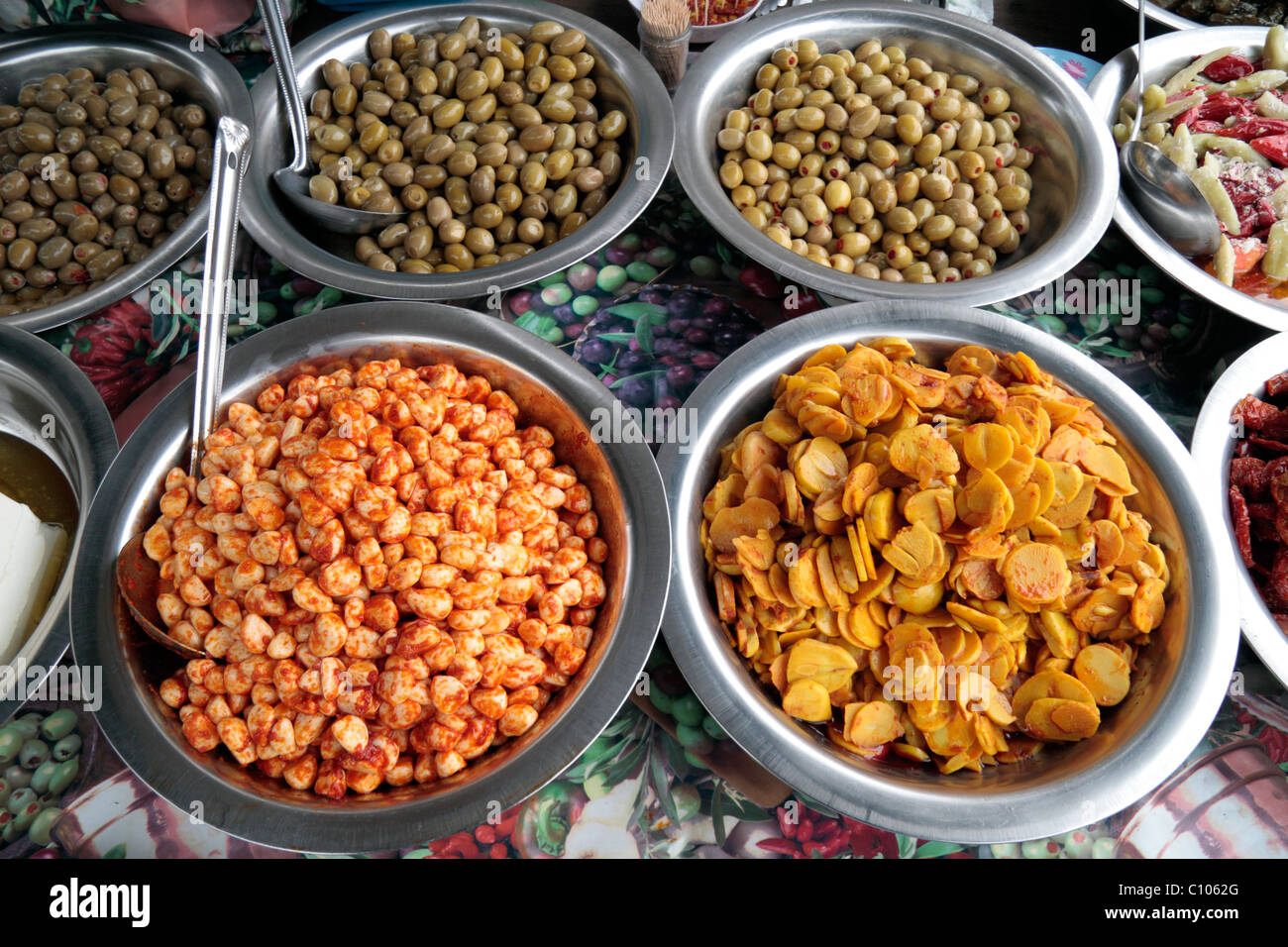 Various olive and garlic dishes on a Greek food market stall at the ...