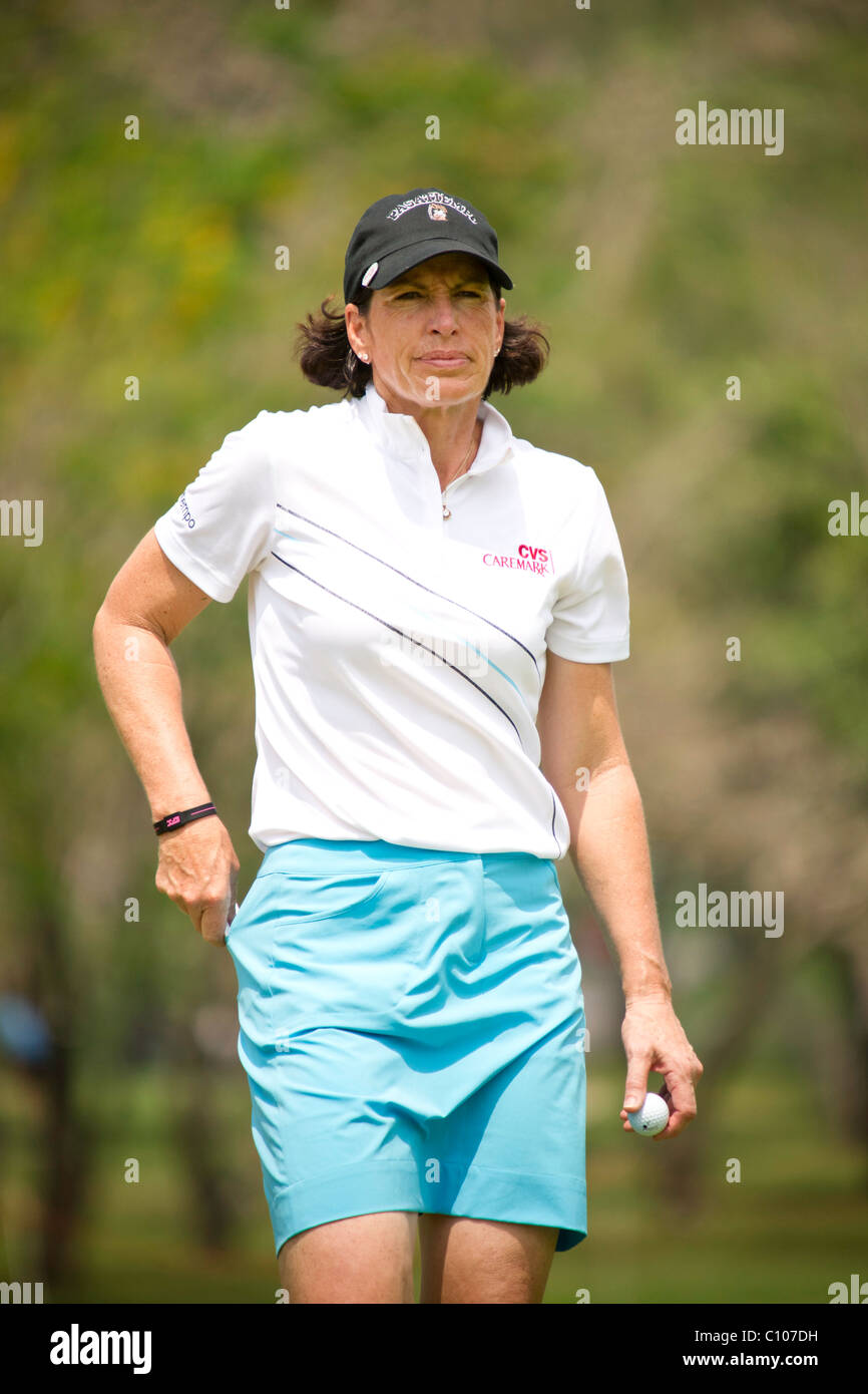 Juli Inkster (USA) walks towards TEE 2 after finish putting the 1st ...