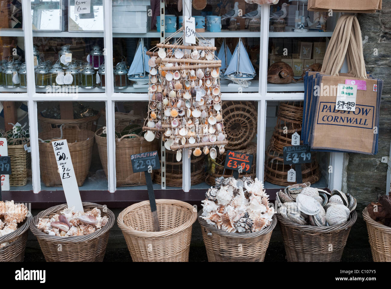 Shop displaying sea shells for sale in Padstow Stock Photo - Alamy