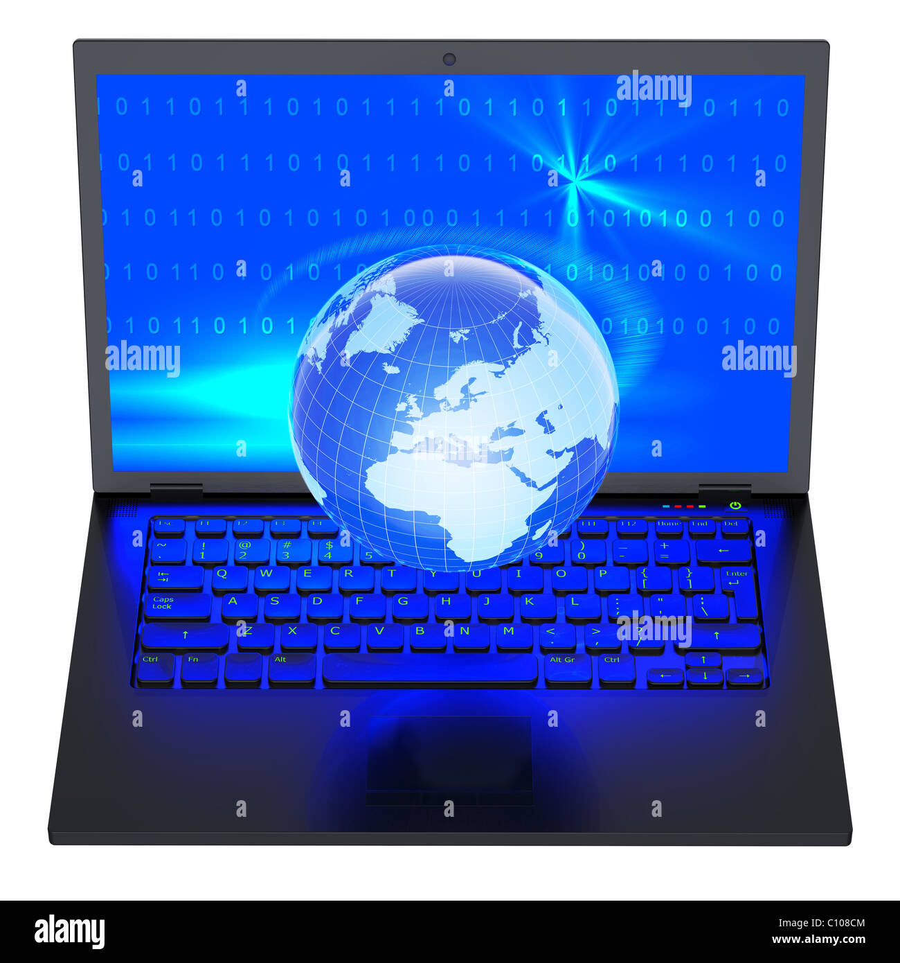 Laptop with illuminated globe isolated on white background Stock Photo ...