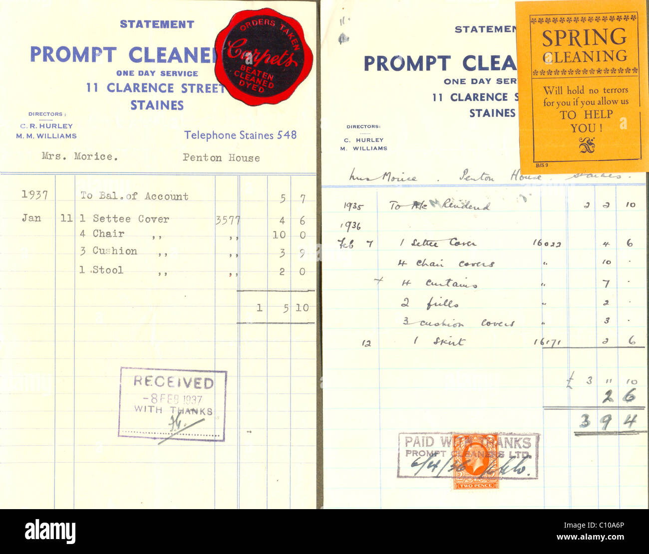 cleaners receipts including attached advertising poster stamps Stock ...