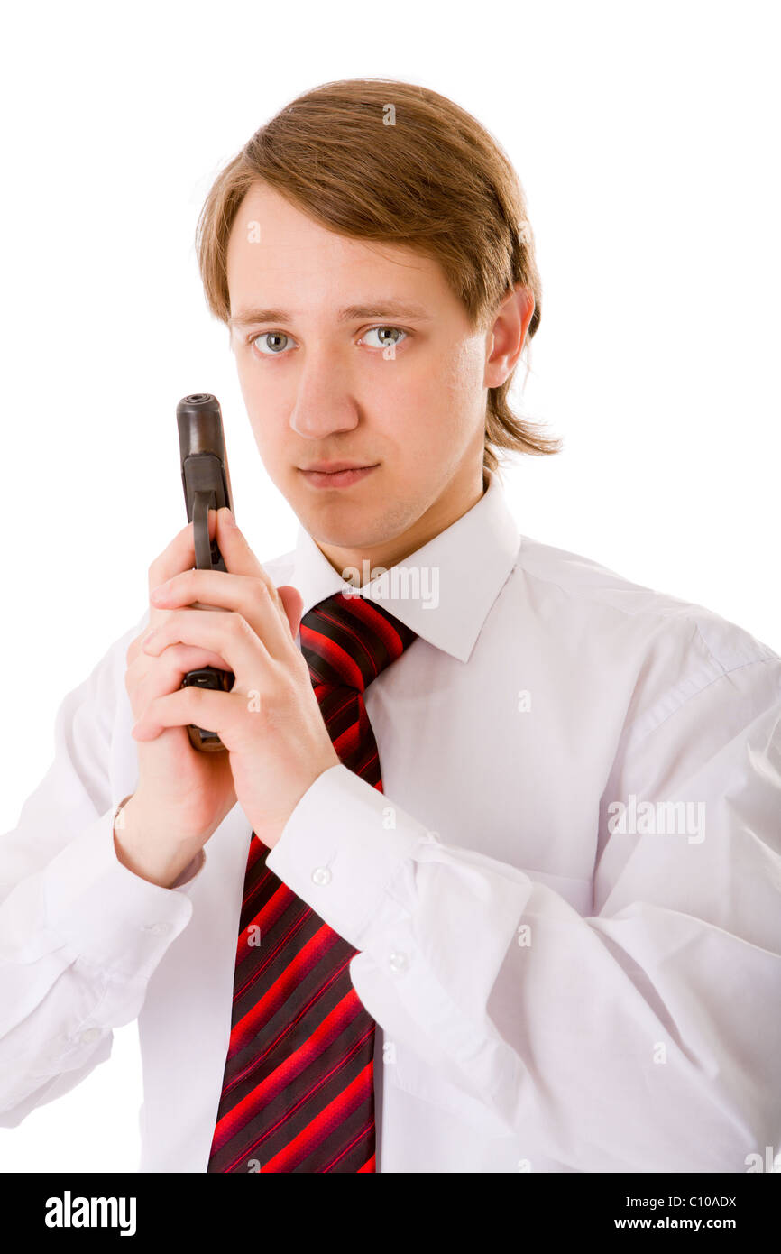 Portrait of handsome Young man holding gun isolated Stock Photo - Alamy