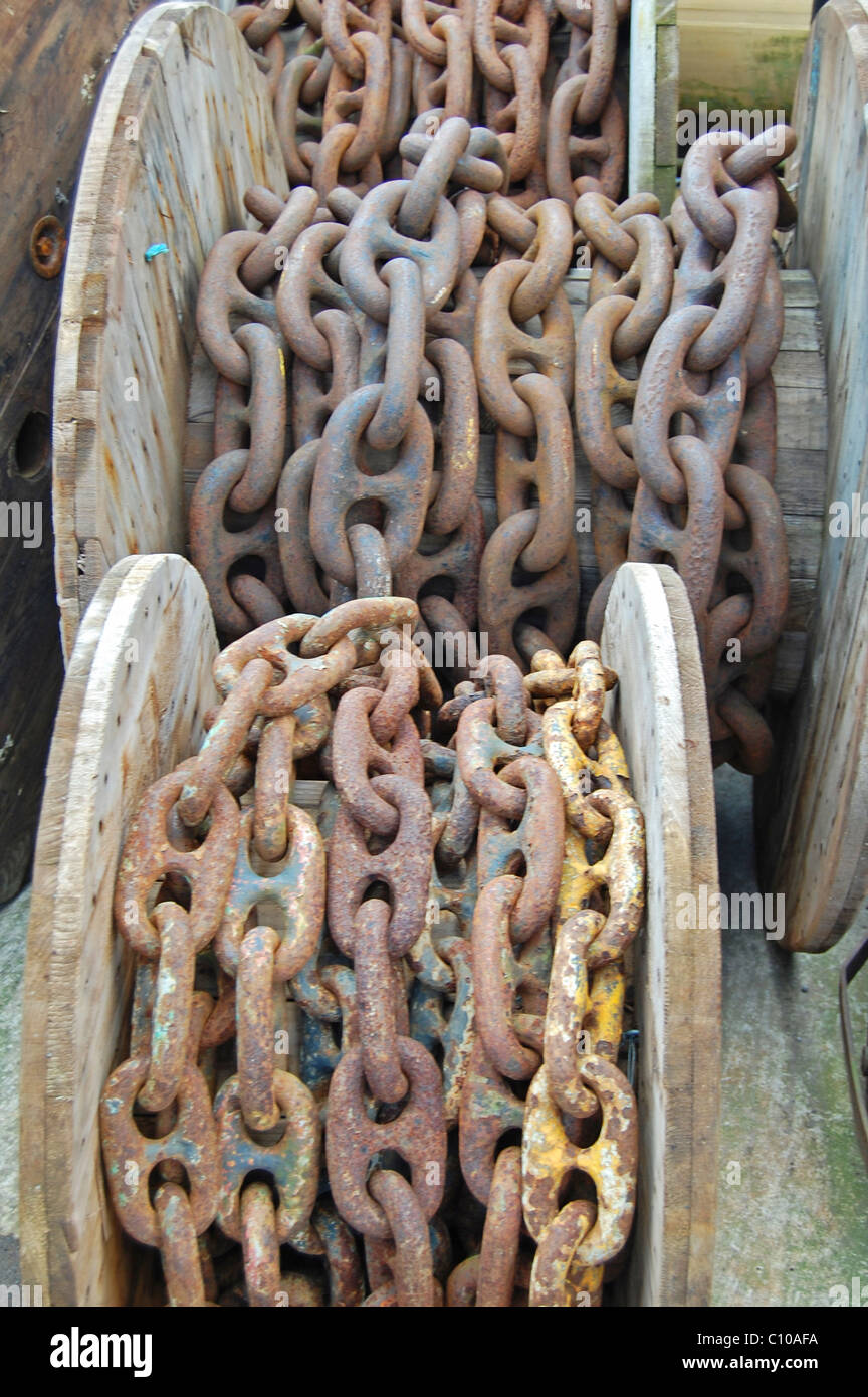 large metal chains on wooden spools Stock Photo - Alamy