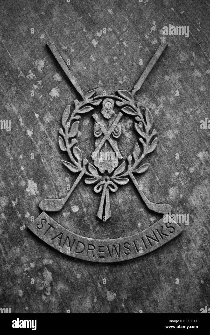 Black and white, St Andrews links sign just outside the Old Course ...