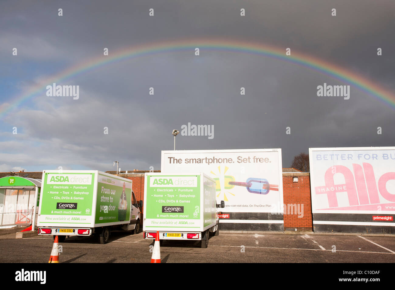 A rainbow over an Asda supermarket in Perth, Scotl;and, UK Stock Photo ...