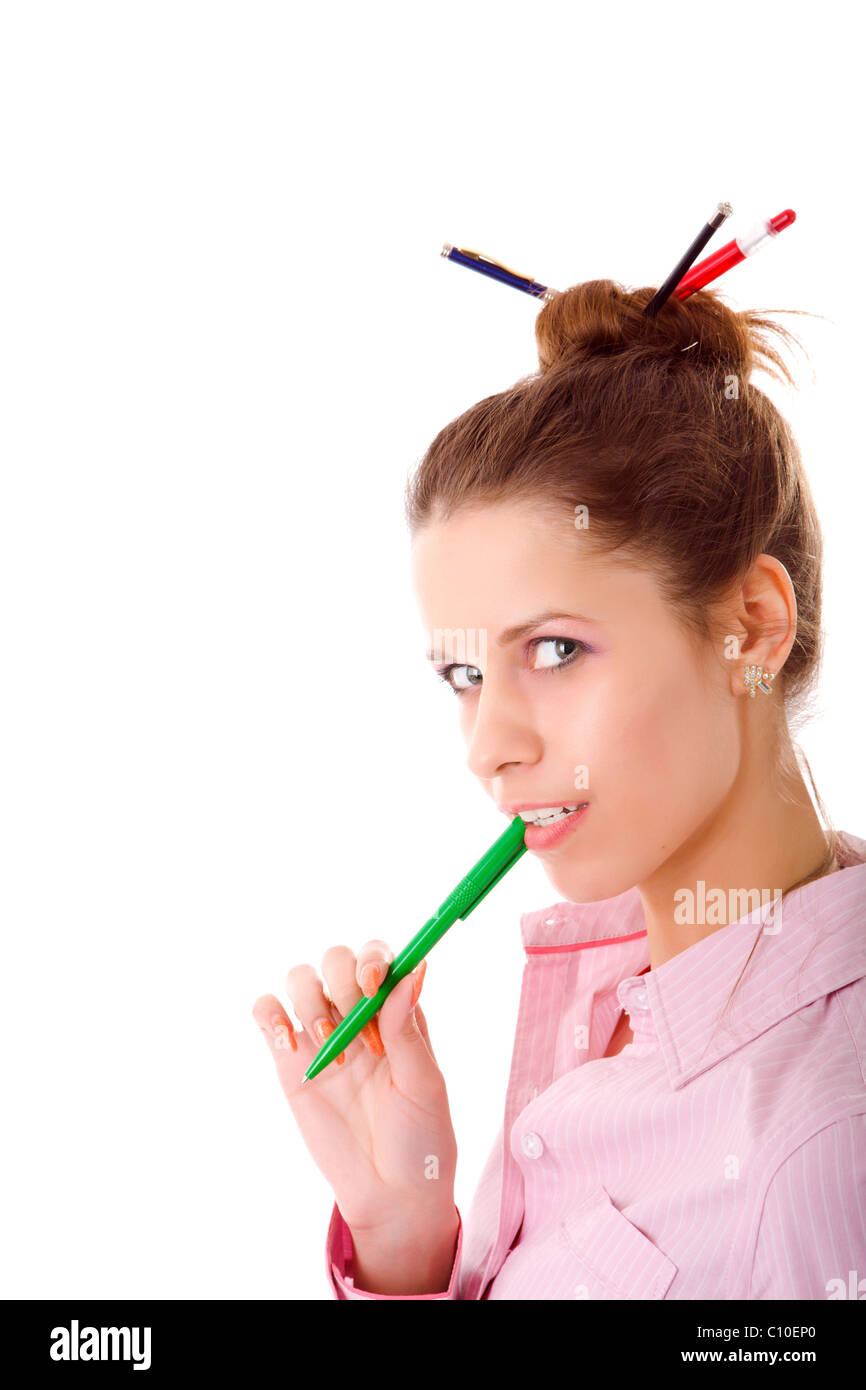 Young cute secretary looking at you isolated on white Stock Photo - Alamy