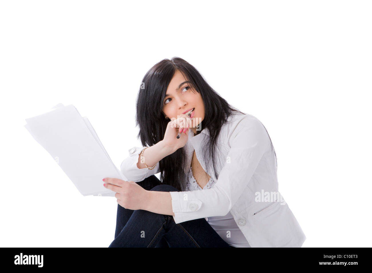 Young woman going to sign contract isolated on white Stock Photo - Alamy