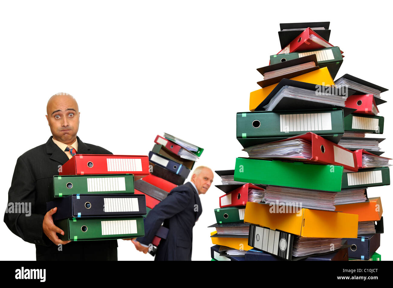 Workers with stack of files isolated in white Stock Photo - Alamy