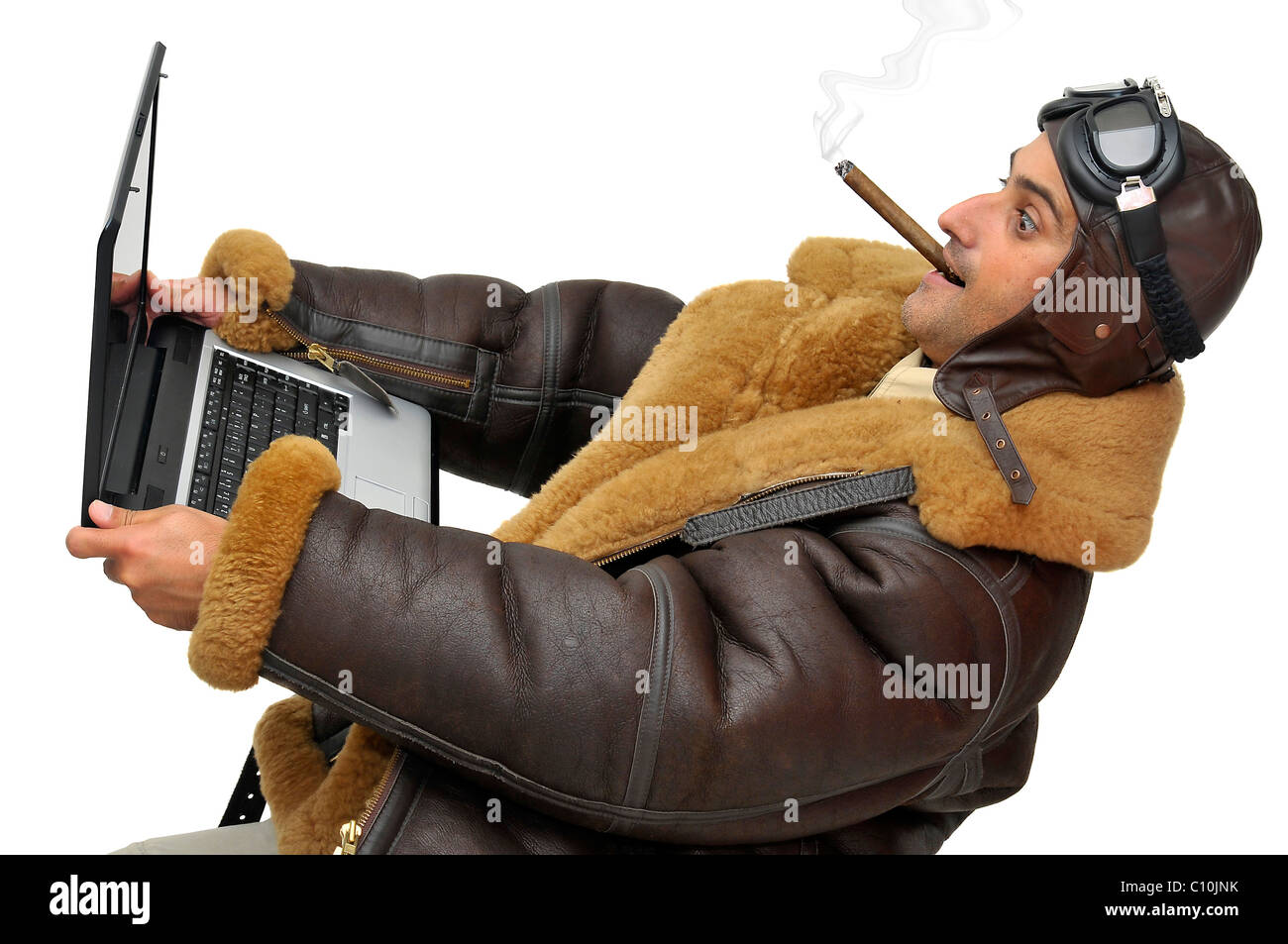 Fighter pilot with laptop isolated in white Stock Photo - Alamy