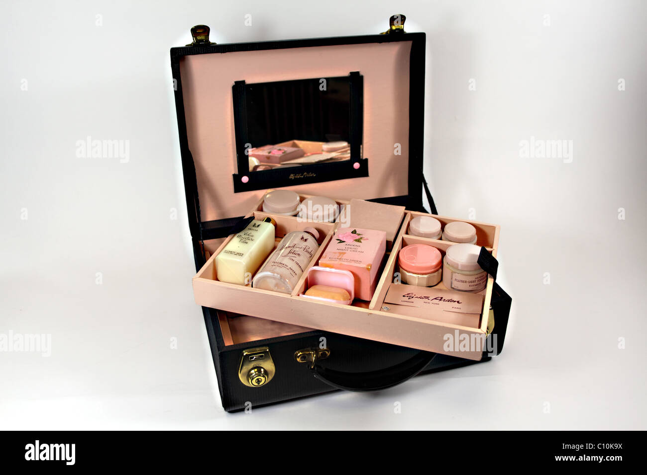 Elizabeth Arden open vanity case, with shelf at an angle to show all ...