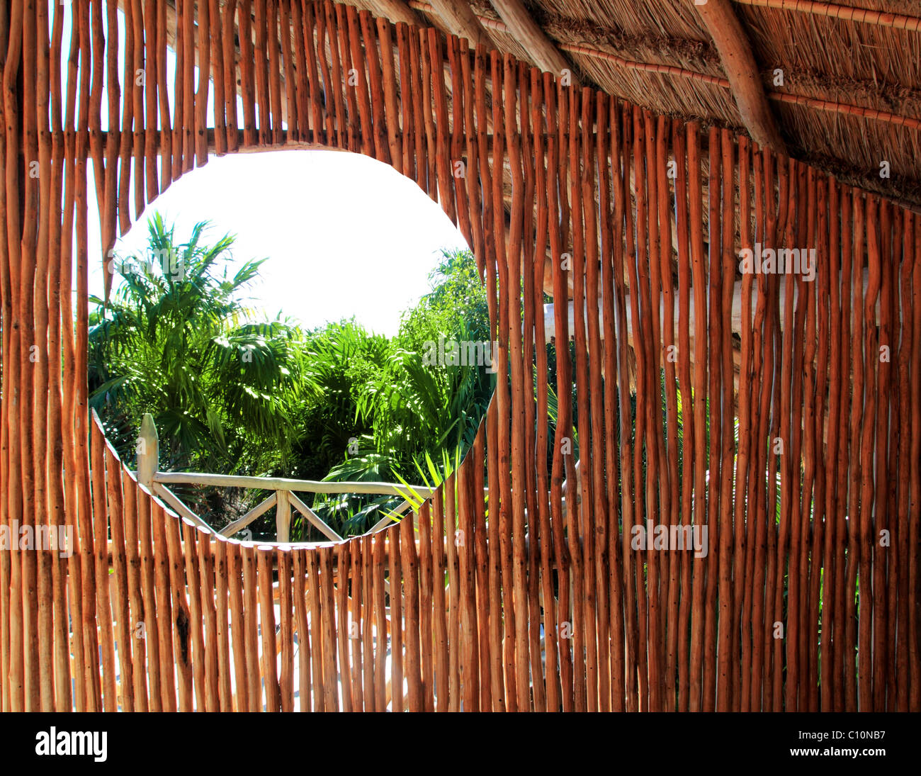 circle window in wooden sticks cabin with tropical Jungle background ...