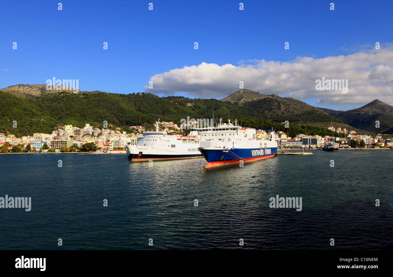 A view from the sea of the important Greek west coast ferry port of ...